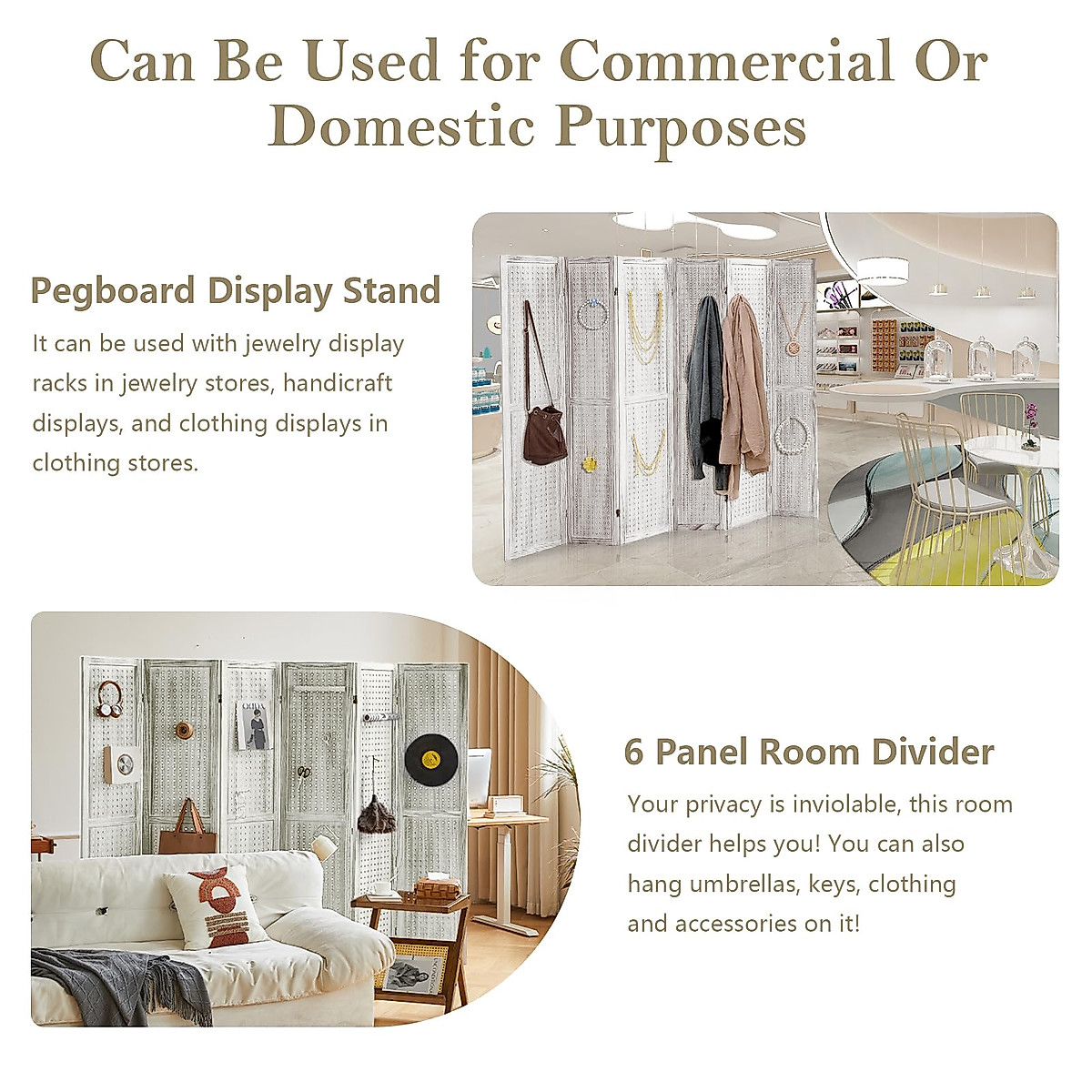 Leesinwing 6 Panel Room Dividers and Folding Privacy Screens, 5.6Ft Wooden Pegboard Display, Privacy Dividers for Bedroom, Portable Dispxlay Board Organizer for Store, Jewelry Display, White