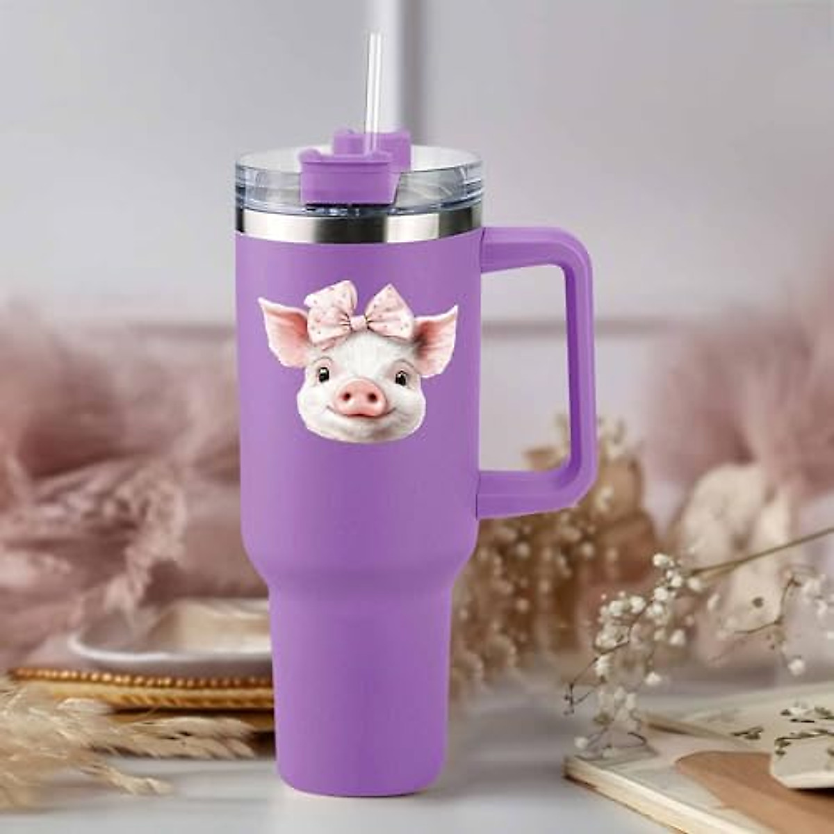 LB LEOBON 40 ounce insulated cup with handle, double-layer vacuum stainless steel material, equipped with straw, can keep warm or maintain cold drinks Pink Piggy Bow Deep purple