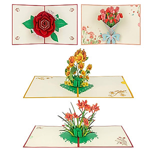 Pop Up Card, Mother's Day Cards, 4 Pieces Flower 3D Greetings Card, Thank You Card with Envelope Moms Cards for Valentine's Day Mother's Day Thanksgiving Day Birthday Anniversary Wedding