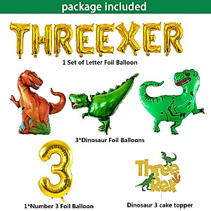 Three Dino Rex Birthday Party Decorations, Three Inspired Rex Letter Balloon T-Rex Dinosaur 3 Cake Topper for 3 Year Old Birthday Party Decorations,Boys Dinosaur Birthday Party Supplies