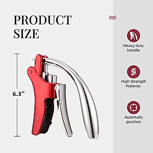 KITVINOUS Wine Opener, Vertical Lever Corkscrew with Non-Stick Worm, Compact Wine Bottle Opener Manual with Two-Motion Ergonomic Handle and Built-in Foil Cutter, Red