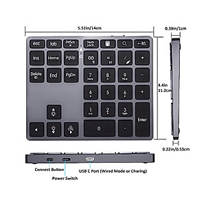LINKEET Tri-Mode Aluminum Numpad 7-Color LED Backlit, BT5.0/USB/2.4G Wireless Rechargeable Number Pad 35-Key Scissor Switches Light Up Keycaps for PC/Laptop/Win/Mac, Grey Black