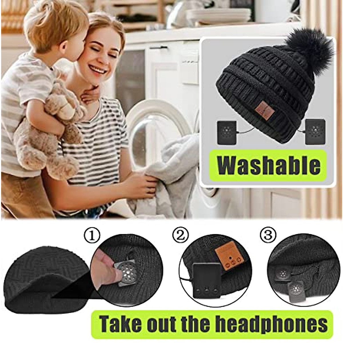 ChenFec Bluetooth V5.0 Beanie Hat for Women & Men, 5Hrs Music, Washable, Unisex, Winter Outdoor Sports Essentials, Black