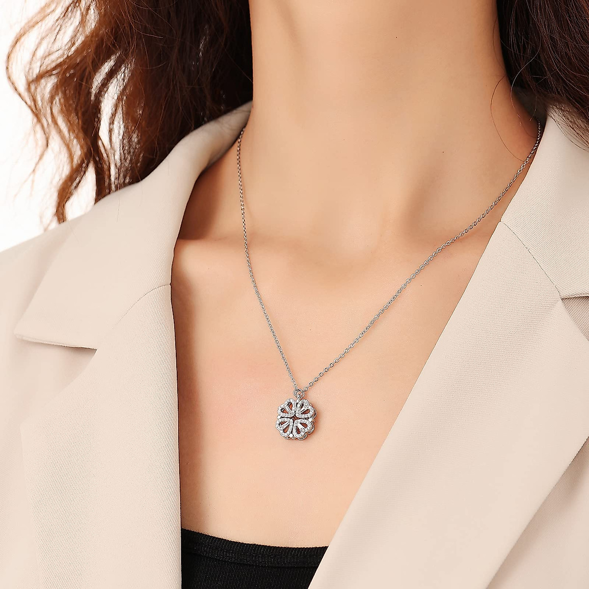 VANGETIMI 2 in 1 Four Leaf Clover Charm Lucky Necklace Heart Crystal Pendant Necklace Silver Link Mother's Day Gifts Jewelry for Women
