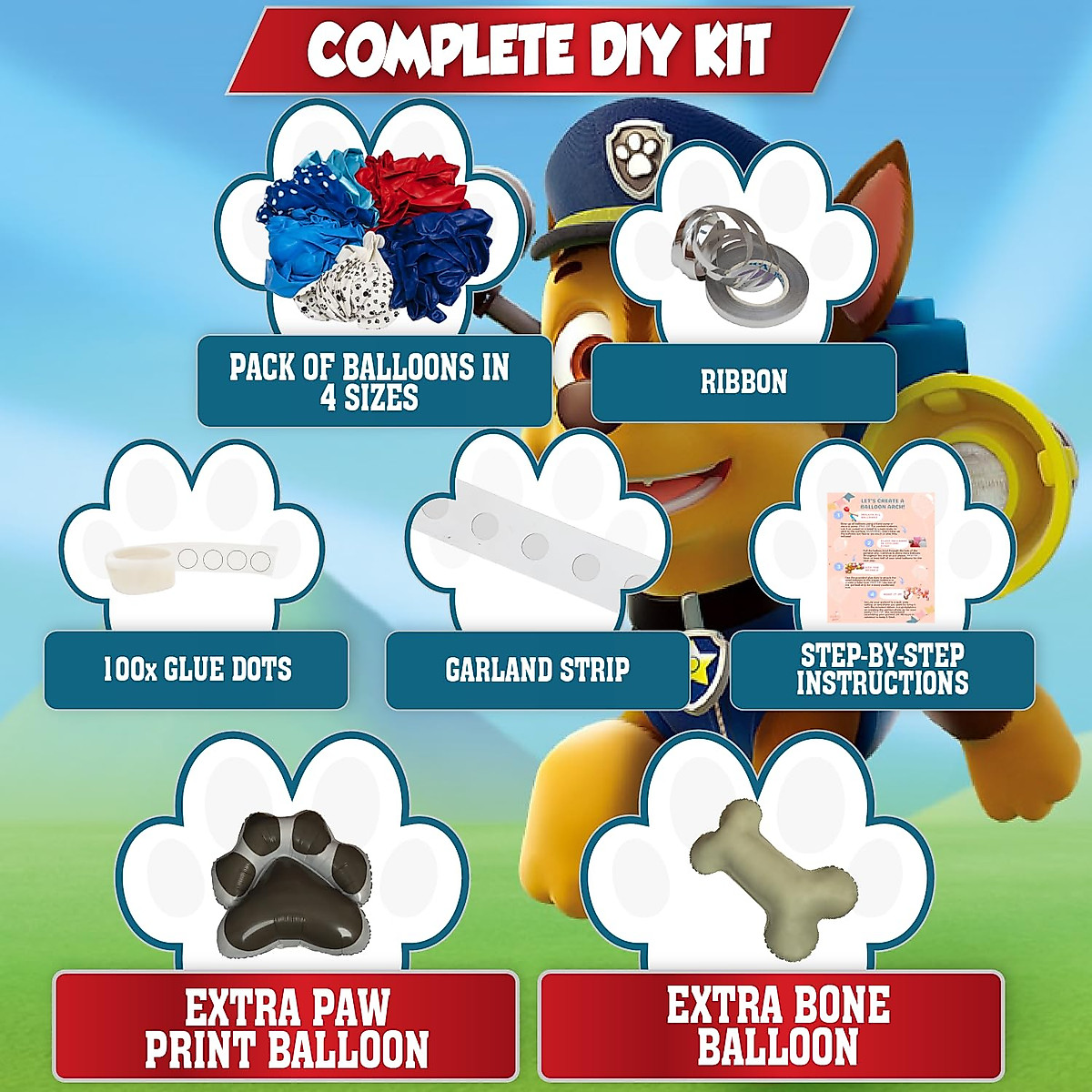 ALL-IN-1 Paw Balloon Arch & Garland Kit with BONUS Dog Bone – Small and Large Red, Dark Blue Paw Balloons – Chase Paw Birthday Party Decorations & Supplies – Boy