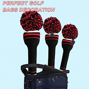 Golf Club Head Covers Knit for Woods Driver Fairway Hybrid Head Cover Knitted Pom Pom Stripes Pattern for Main Wood Clubs (Black&Red-3pcs(D+F+H))
