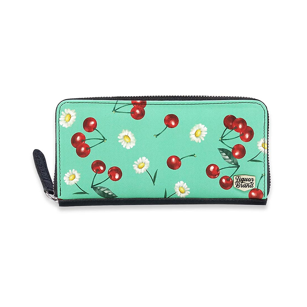 Liquorbrand Cherry Daisy Green Women's Zip Around Wallet