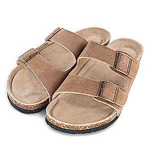 TF STAR Men’s Cow Suede Leather Slide Sandals,2-Strap Adjustable Buckle,Casual Slippers, Slide Cork Footbed shoes