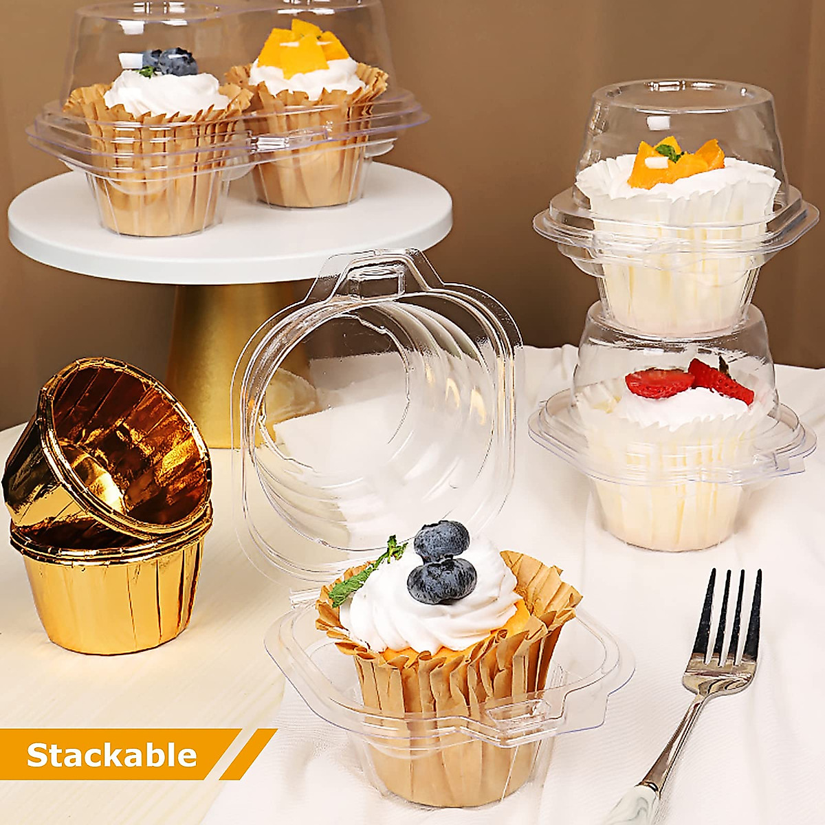 FVIEXE 100 Pack Individual Cupcake Containers, Single Plastic Cupcake Storage Boxes, Disposable Clear Cupcake Holder with Lid To Go Muffin Transport Carrier with 100 Pack Cupcake Liners for Party
