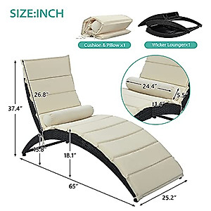 Merax Patio Chaise Lounge Chair, Outdoor Rattan Foldable Chaise Lounger with Cushions & Bolster Pillow, Patio PE Wicker Sun Lounger for Poolside, Lawn and Garden (Beige Chaise (Single))