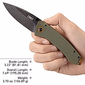 COLUMBIA RIVER KNIFE & TOOL Tuna EDC Pocket Knife: Everyday Carry Utility Folder, Plain Edge Drop Point Blade with Frame Lock, Thumbstud Open, Black Stonewash Finish, Olive Green Handle 2520