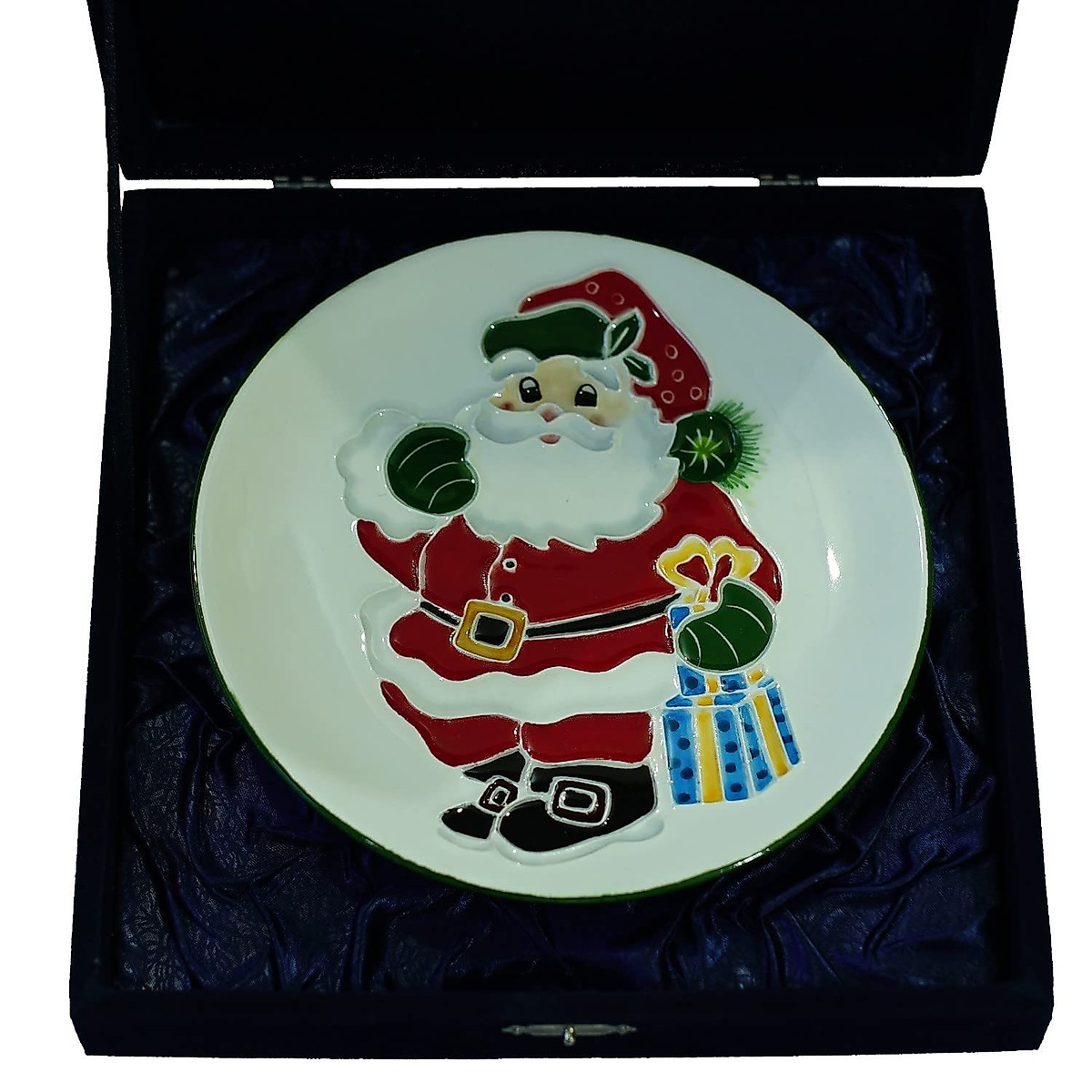Anka Handcrafts - Christmas Home Decors – Santa with Gifts - Handmade & Handpainted Ceramic Plates with Unique Embossed Surface – w Navy Int. Velvet Case – Christmas for Homes 780
