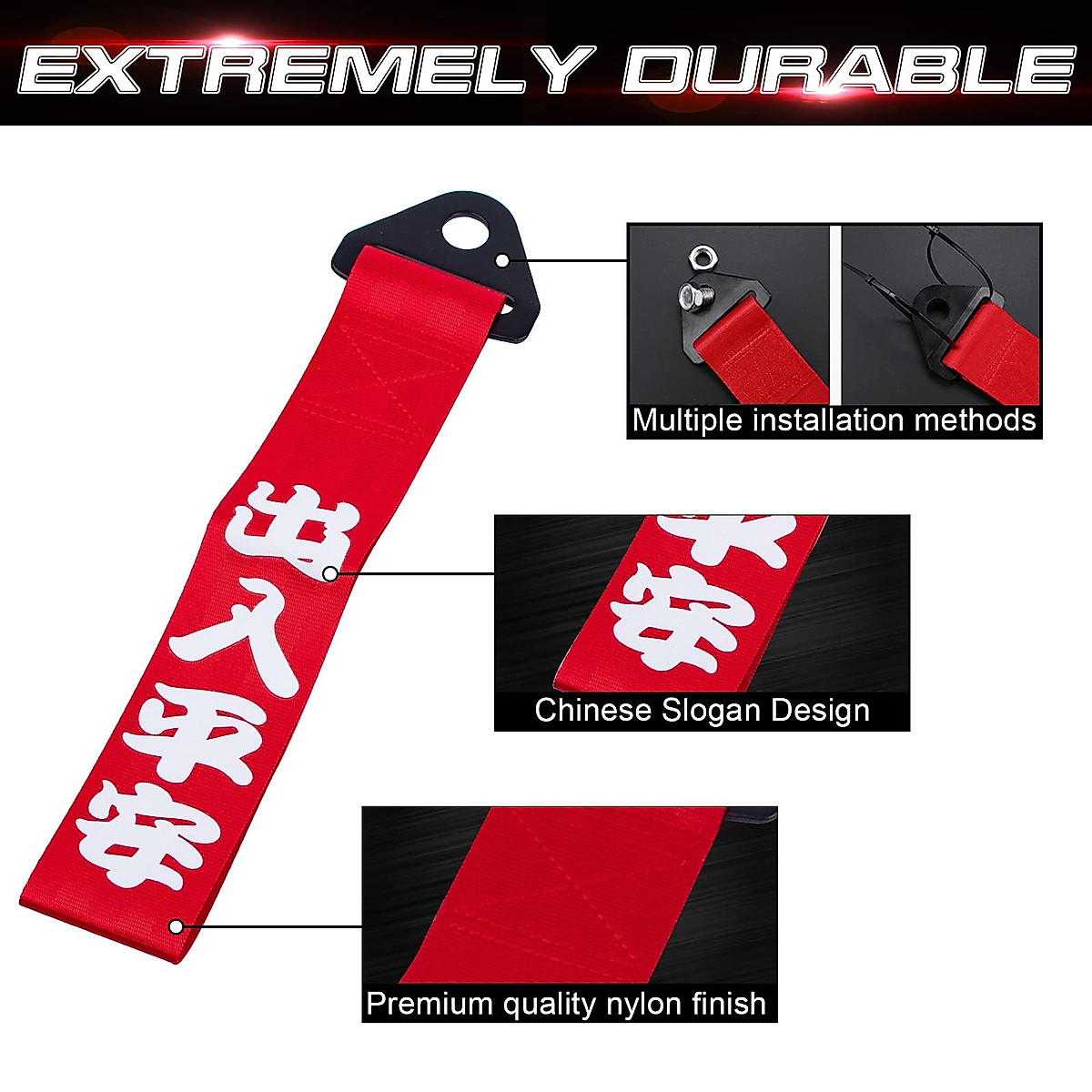 Xotic Tech Tow Strap JDM Sports Red Racing Tow Strap Car Modification Decorative Trailer Belt Personalized with Chinese Slogan Fit for Rear Front Bumper (Good Luck/Safe Trip Wherever You go)