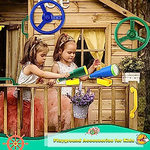 Haconba Playground Accessories Swingset Plastic Pirate Ship Steering Wheel Safety Handles Telescope for Kids Outdoor Playground Treehouse Jungle Gym Accessories (8 Pcs- Green,Blue,Yellow Set)