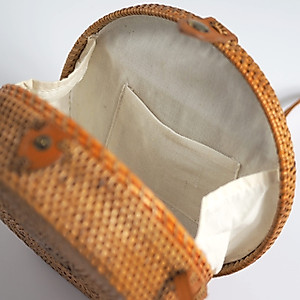 Rattan Bags Round Purse Wicker For Women Cross Body Shoulder Shelled Summer Beach Handbags (20cm Diameter, Brown)