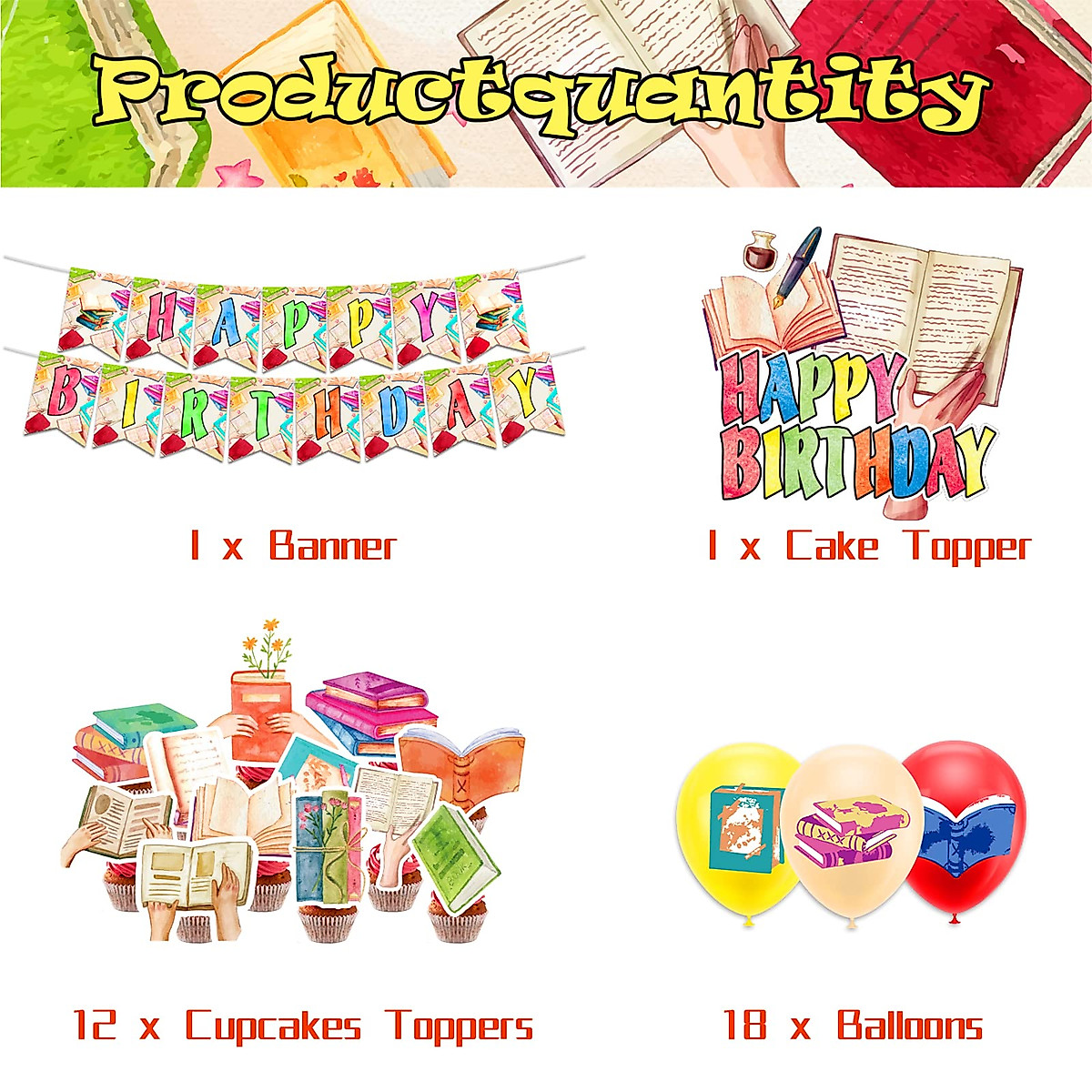 Books Party Decorations Book Club Birthday Party Supplies Includes Book Happy Birthday Banner Cake Topper Cupcake Toppers Balloons for Library Party Decorations