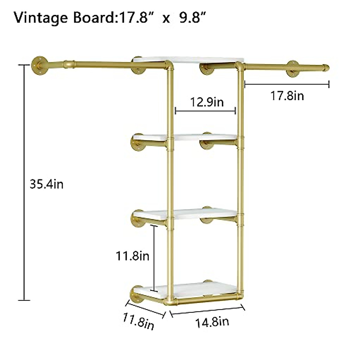 Wall Mounted Pipe Clothing Rack with Shelf,Gold Industrial Clothes Rack with 4 Tier Closet Bar Heavy Duty Iron Garment Rack, Retail Display Clothes Rod for Hanging Clothes,Laundry Room (Gold)