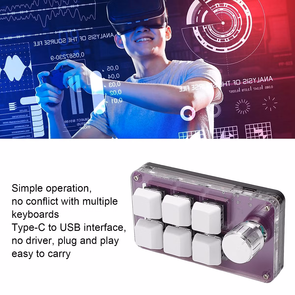 Oreilet One Handed Mechanical Gaming Keyboard, Multifunctional Shortcut Programmable Gaming Keypad with 6 Keys & Knob, USB Custimize DIY Keypad for Game Media Player