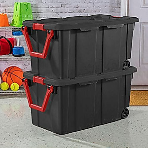 Sterilite 40 Gal Wheeled Industrial Tote, Stackable Storage Bin with Latch Lid, Plastic Container with Heavy Duty Latches, Black Base and Lid, 4-Pack