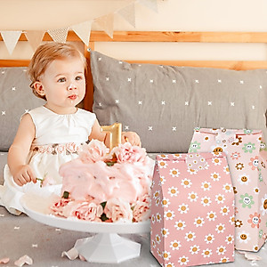 AnyDesign 24Pcs Vintage Boho Party Favor Bags 6 Designs Smile Daisy Paper Gift Bags with Sticker Decals Retro Checkered Goodie Treat Bags for Baby Shower Birthday Party Supplies Gift Wrap