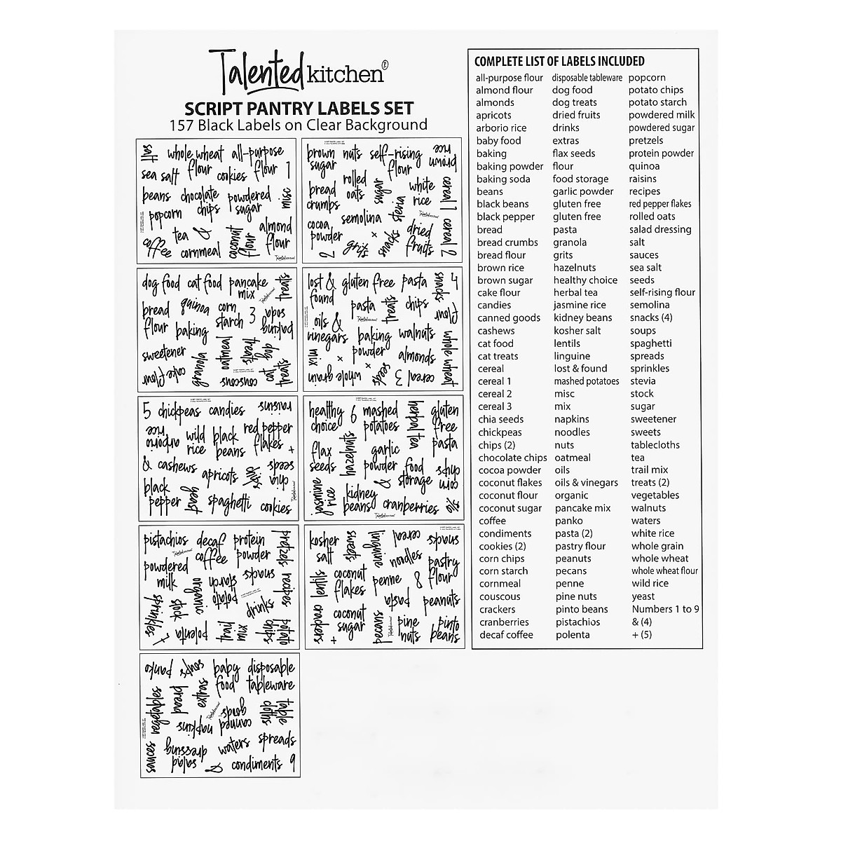 Talented Kitchen 157 Pantry Labels for Food Containers, Preprinted Clear Kitchen Food Labels for Organizing Storage Canisters & Jars, Black Script + Numbers Stickers (Water Resistant)