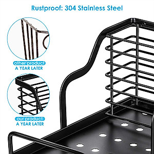 Nieifi Sink Caddy Organizer Sponge Soap Brush Holder with Drain Pan Stainless Steel for Kitchen Black