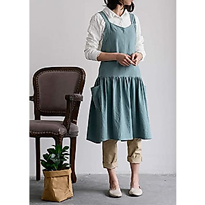 Women's Pinafore Square Cross Back Cotton Linen Japanese Apron Garden Work Plus Size Midi Bib Dress With Pockets for Cooking Painting
