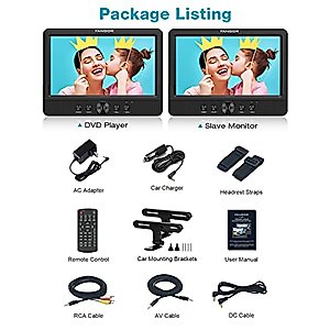 FANGOR 10.5'' Dual DVD Player for Car Portable Headrest Video Players with 2 Mounting Brackets, 5 Hours Rechargeable Battery, Last Memory, AV Out&in, Support USB/SD/Sync TV (1 Player + 1 Monitor)
