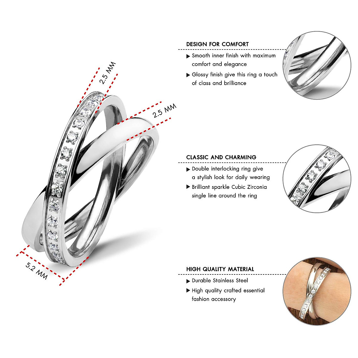 555Jewelry Womens Double Band High Polish Smooth Stainless Steel Interlocking Sparkling Cubic Zirconia Surrounded Fine Fashion Jewelries Friendship Band Rings, Silver Size 7