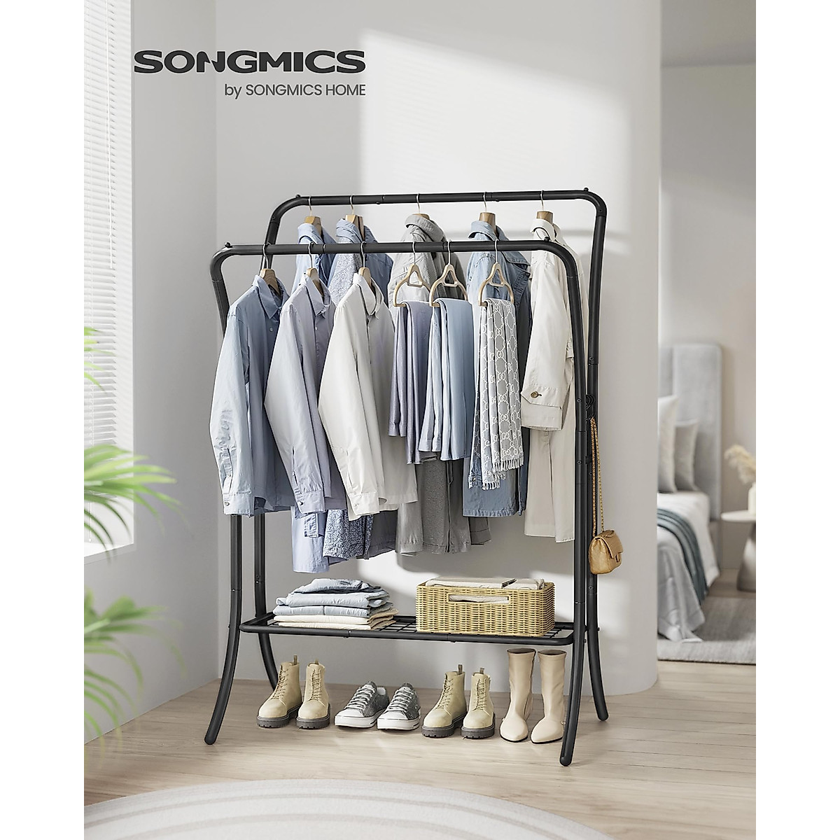 SONGMICS Clothes Rack, Clothing Rack with Shelves, Garment Racks Heavy Duty, Double Rod Clothes Rack with 6 Hooks, Clothes Storage and Display, for Living Room, Bedroom, Ink Black UHSR109B01