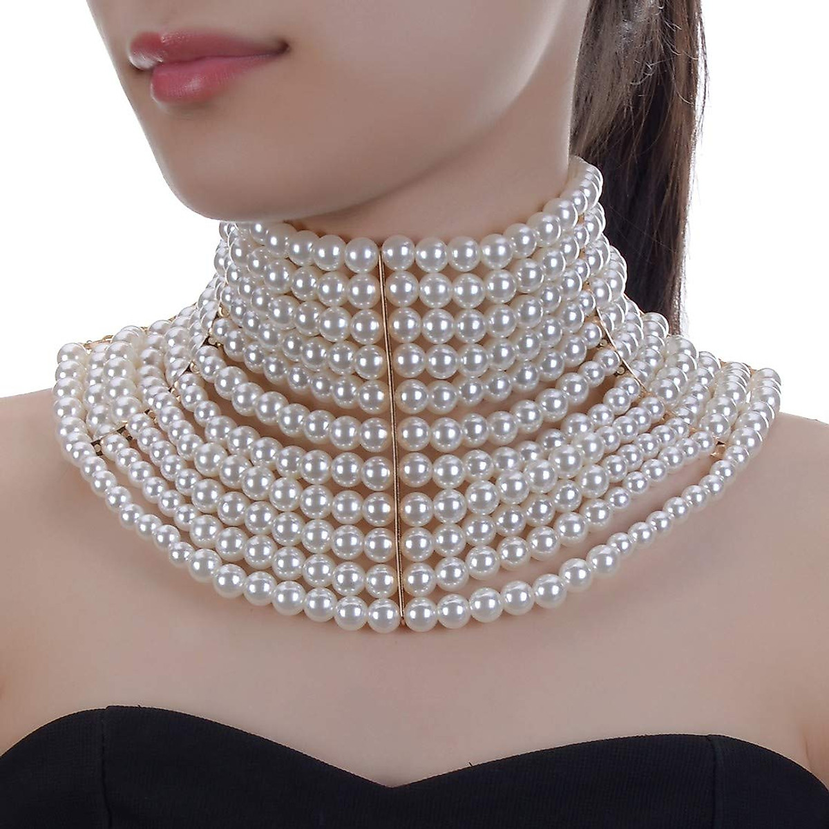 Chunky Statement Necklace, Pearls Bib Necklace Costume Novelty Fashion Jewelry White