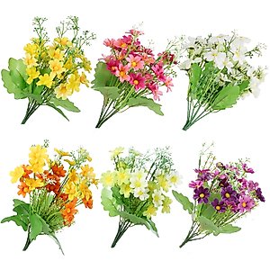 Omldggr 6 Pieces Faux Silk Daisy Artificial Flower Plastic Flowers Plants Plastic Bushes for Indoor Outside Hanging Planter Home Garden Decor (Yellow, Purple, White,Orange,Pink,Green)