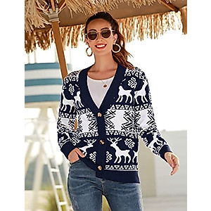 Cowasto Women's Reindeer Knitted Christmas Cardigan Sweater Comfy Button Up Casual Open Front Festive Sweaters Navy Blue X-Large