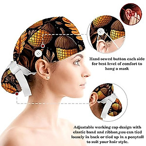 Thanksgiving Acorn Working Cap with Button Sweatband Adjustable Tie Back Bouffant Hats with Scrunchie