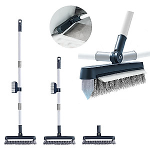 Floor Scrub Brush with Long Handle Grout Brush 2 in 1 Scrape Brush V-Shape Stiff Bristle Floor Scrubber with Squeegee 180°Rotating, Shower Scrubber Brush for Cleaning Bathroom, Kitchen, Wall