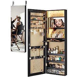 LUXFURNI Mirror Jewelry Cabinet Wall-Mount/Door-Hanging Armoire, Full length Mirror Lockable Makeup Storage Organizer w/Cosmetic Box (Black)