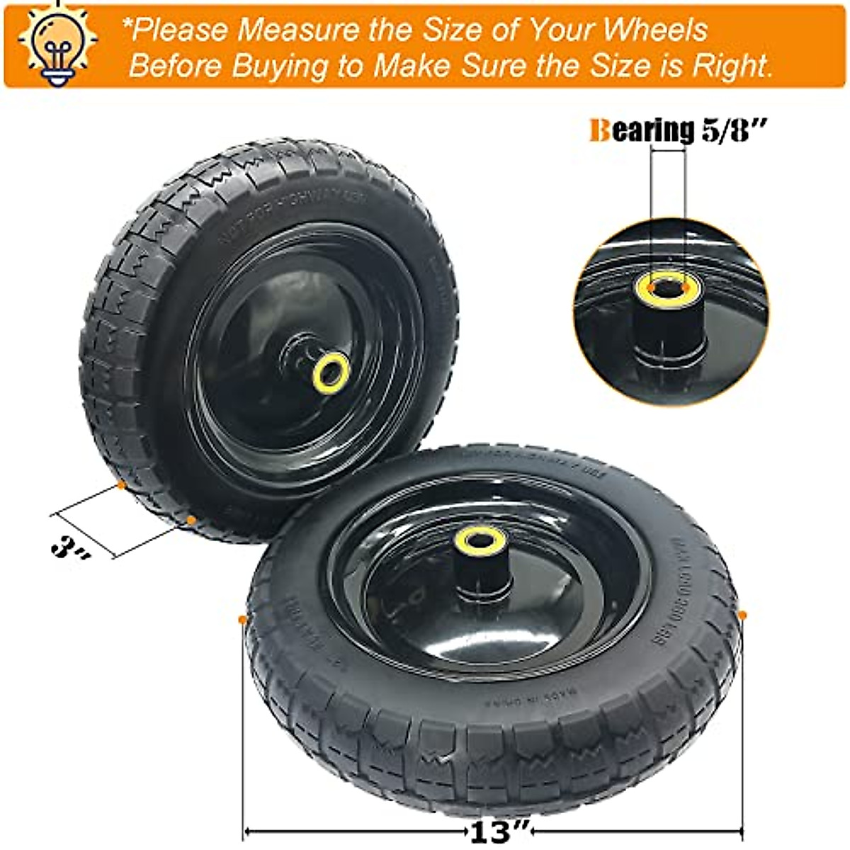 13" Flat Free Solid Tire and Wheel for Gorilla Carts Replacement Wheels,Wheelbarrow,Garden Cart,Trolleys,Hand Trucks and Yard Trailers(5/8" Bearings,Offset Hub 2.1") (2-Pack)