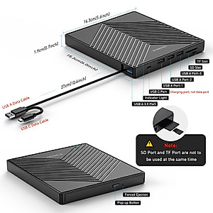 ORIGBELIE External CD DVD Drive, Ultra Slim CD Burner USB 3.0 with 4 USB Ports and 2 TF/SD Card Slots, Optical Disk Drive for Laptop Mac, PC Windows 11/10/8/7 Linux OS
