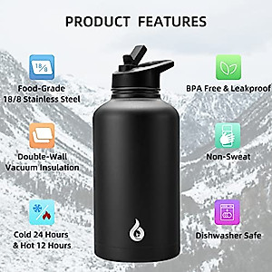 BJPKPK Half Gallon Insulated Water Bottles with Straw Lid,64oz Large Water Bottle,Stainless Steel Water Bottles with 3 Lids and Paracord Handle, Water Bottle for Hot & Cold Liquid, Black