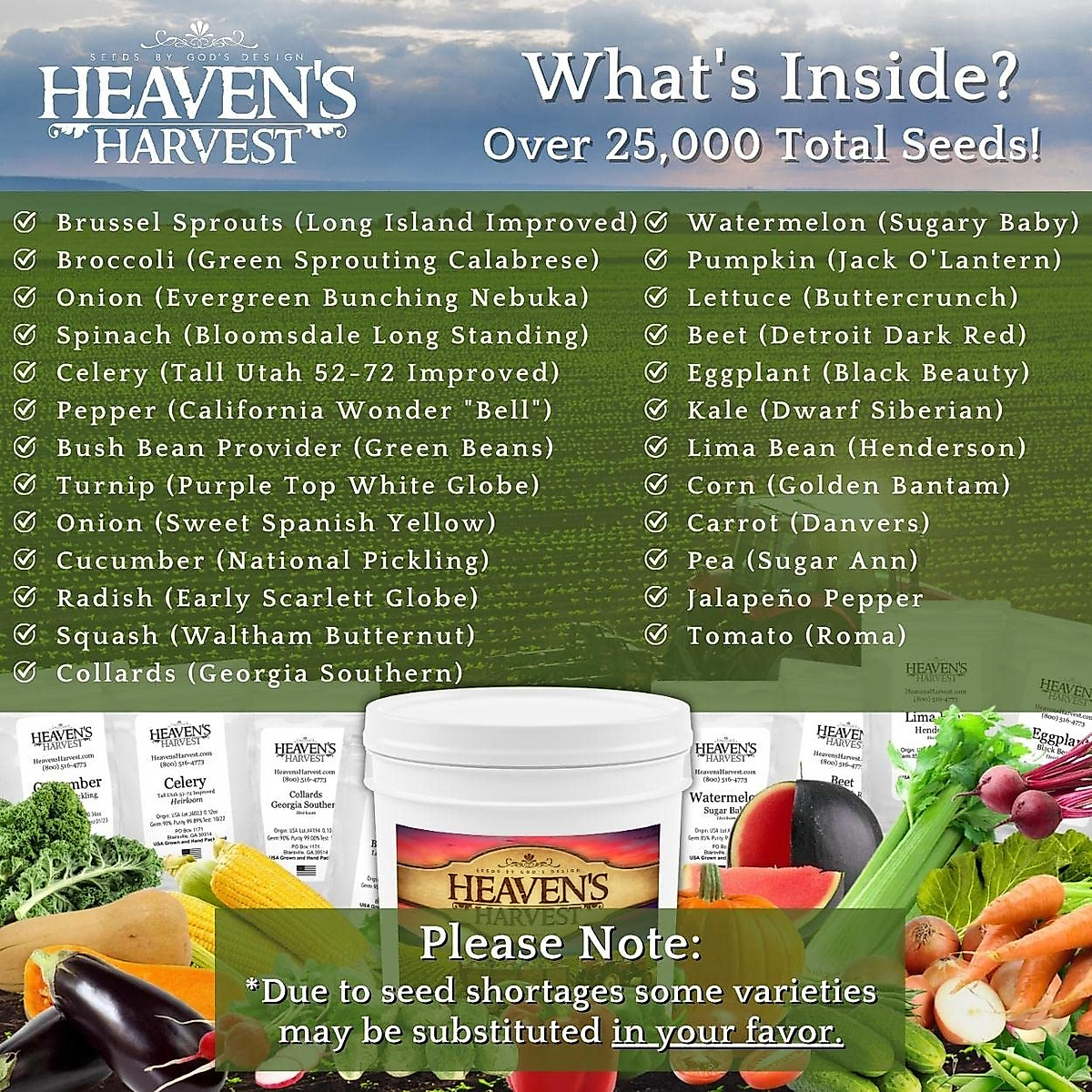 Heaven’s Harvest “10 Year Garden” Survival Seed Bank Kit | Over 25k Non GMO Heirloom Vegetable Survival Seeds + 2 Free Bonus Items: Clyde’s Garden Planner + Seed Vault Storage Drum for 10 Year Storage