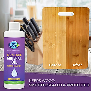 8oz US+ 100% Pure Mineral Oil - Cutting Board Oil - Food-Grade - USP - GMO-Free - Restores & Protects Cutting Boards, Butcher Blocks, Countertops, Steel Surfaces & More