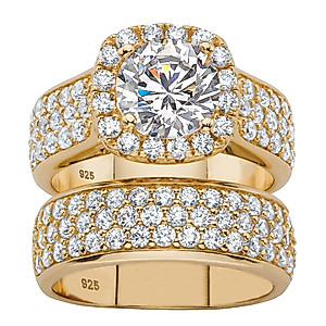 PalmBeach Yellow Gold-plated Sterling Silver Round Cubic Zirconia Pave Halo Bridal Ring Set Sizes 6-10 Size 6