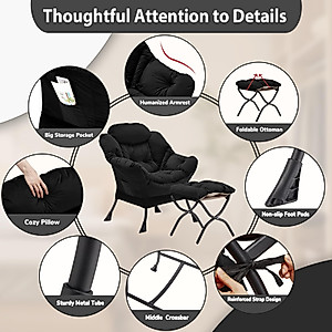 Youtanic Lazy Chair with Folding Ottoman, Accent Chair Velvet Upholstered with Metal Structure and Non-Slip Pads, Sofa Armchair with Footrest and Side Storage Bag for Dorm, Room, Office, Black