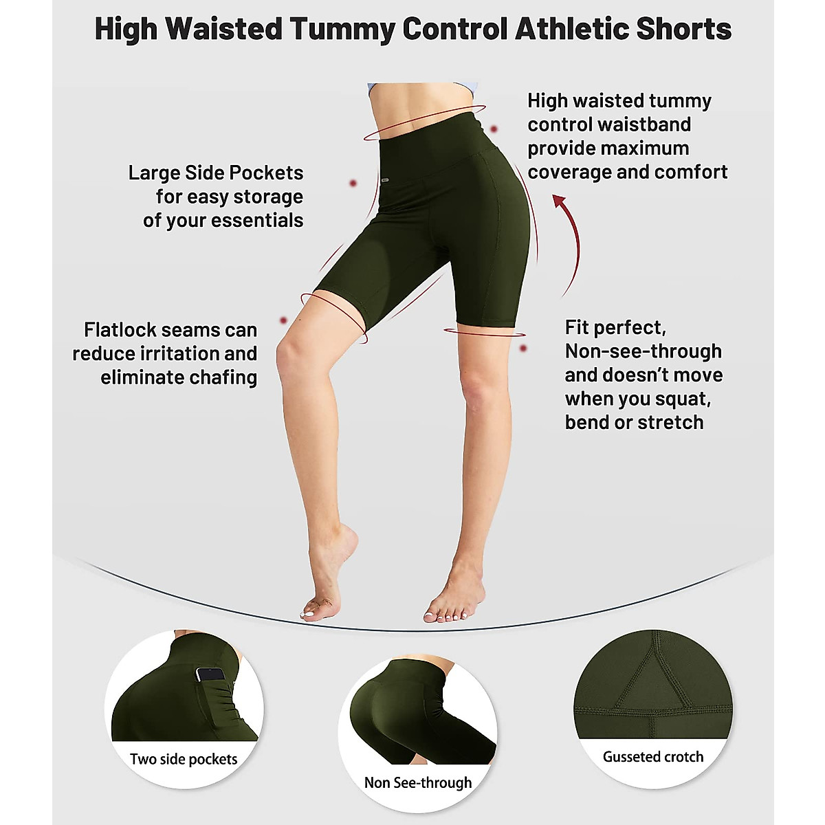 MIER Women's High Waist Yoga Compression Shorts Stretch Biker Shorts with Side Pockets, Tummy Control, 8 Inch, Army Green, L