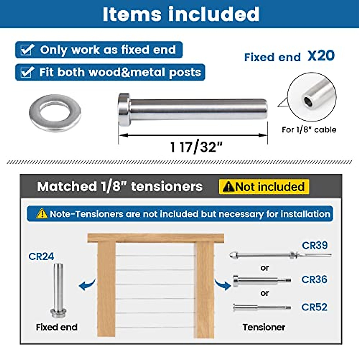 Muzata 20Pack 1/8" Stemball Swage Dead End Invisible Cable Railing Kit Terminal for Wood Stair Deck Hardware End Fitting T316 Stainless Steel CR24, CV1 CV2