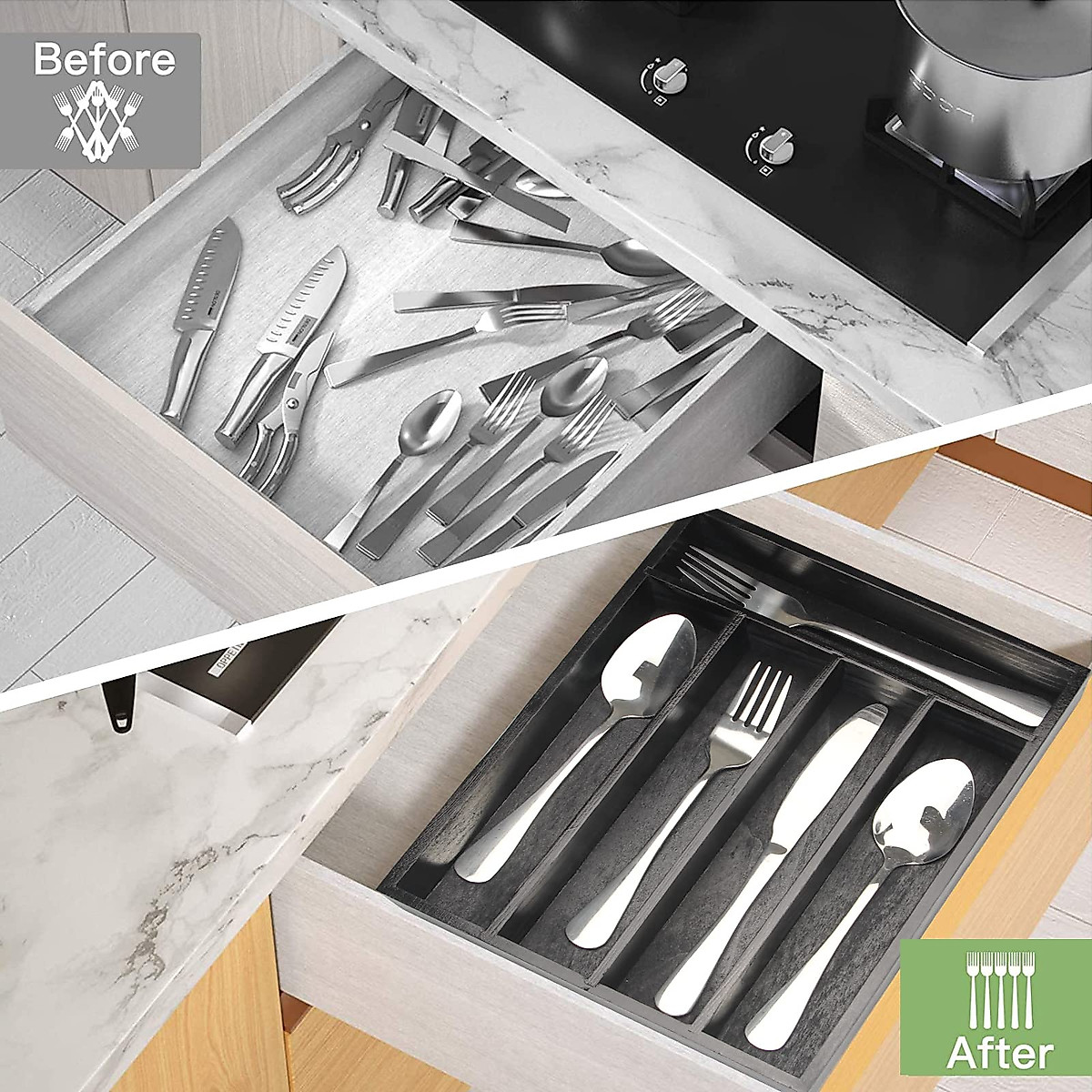 Ayiaren Kitchen Utensil Drawer Organizer Wooden Cutlery Tray Wood Silverware Drawer Divider Flatware Organizer Utensils Tray Black Bamboo Cutlery Organizer for Drawer Inserts Silverware Tray