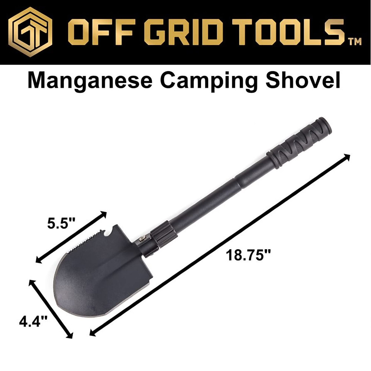 OFF GRID TOOLS Manganese Camping Shovel | Folding Shovel | Outdoor Survival Multitool | High Strength Manganese Alloy Steel | Use for Camping, Hunting, Fishing, Hiking