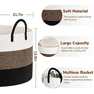 HiChen Large Woven Rope Basket With Handles, Blanket Basket Living Room, Baby Toy Nursery Storage Basket, Large Round Laundry Basket, 21.7 x 13.8 inches, 83L