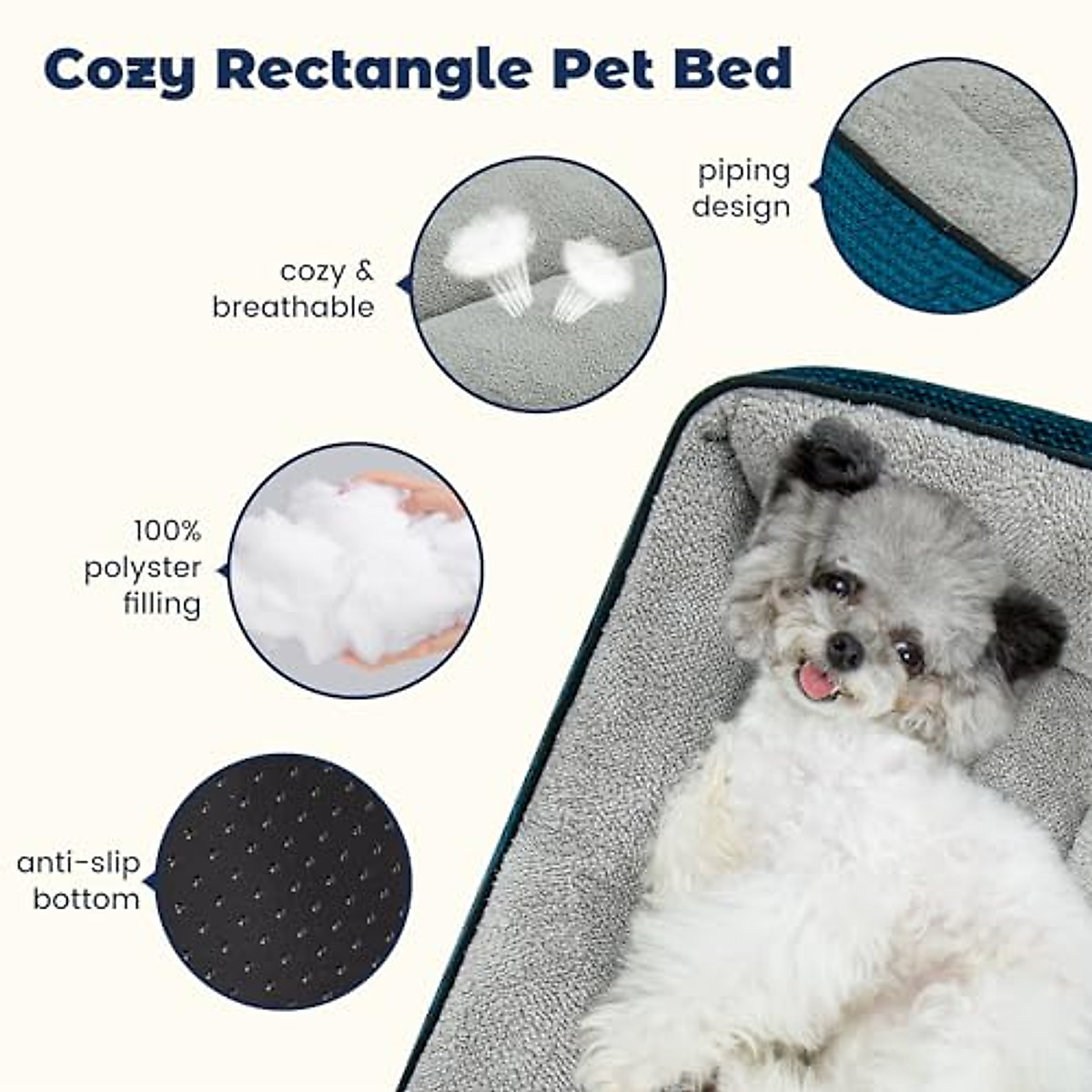 Miguel Dog Bed with Removable Cushion/Pillow for Medium Small Dogs, Washable Pet Bed with Side Easy to Wash Puppy Bed, Large Rectangle Cat Bed for Indoor Cat with Anti-Slip Bottom, Blue 25 Inch