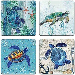 Watercolor Sea Turtle Square Coaster Set - Made of Recycled Rubber - Set of 4